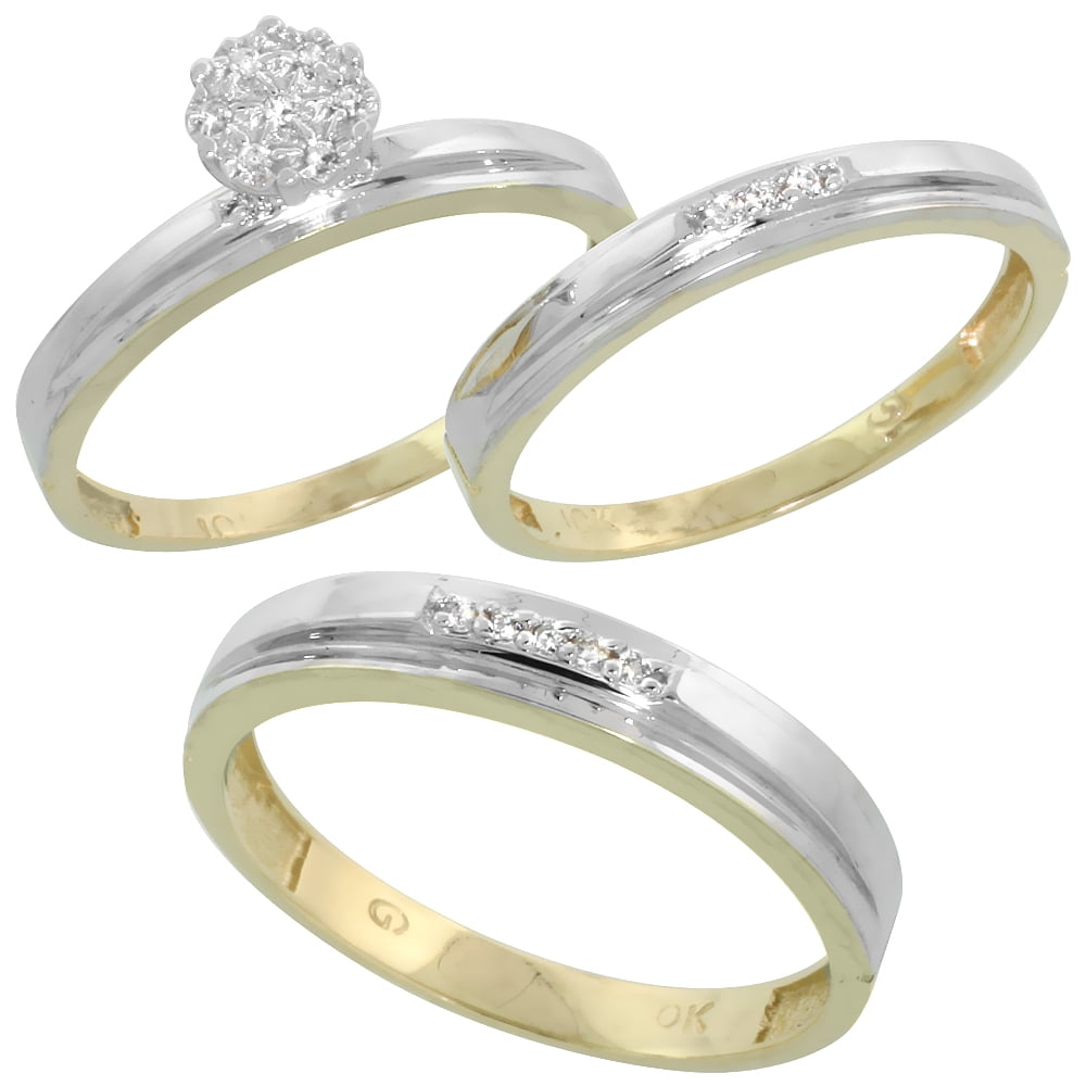 10k Gold Diamond Trio Engagement Wedding Ring Set for Him 4mm and Her 3 ...