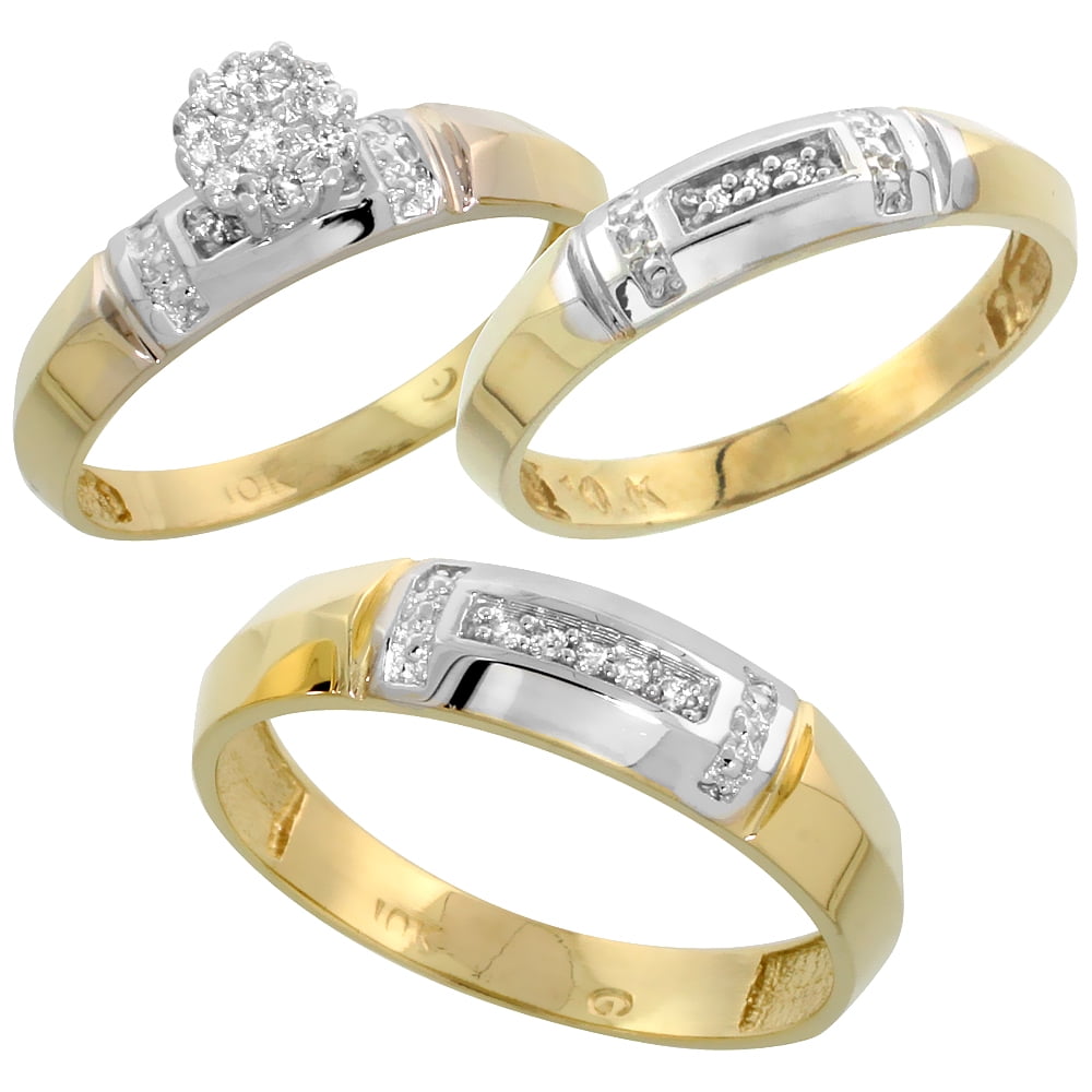 10k Gold Diamond Trio Engagement Wedding Ring Set for Him and Her 3-piece 4.5 mm & 4 mm 0.10 ...