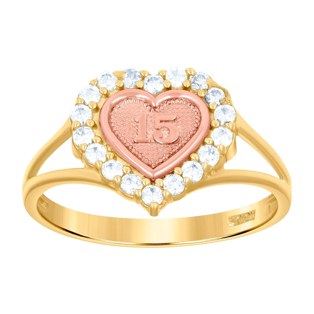 10k Gold Tri color CZ Simulated Diamond Teen 15 Anos Love Heart ...