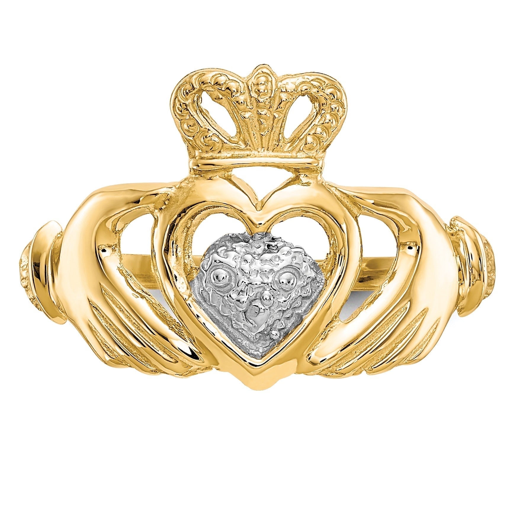 Fine Color Jewels 10K Yellow Gold Rhodium Plated Two Tone Claddagh Ring ...