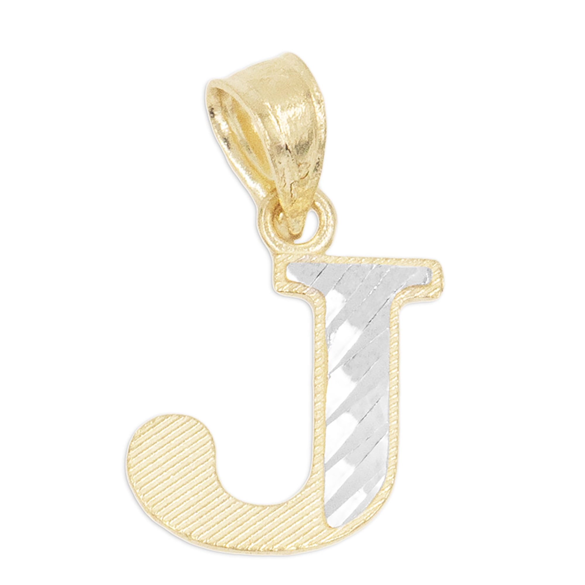 10k Real Solid Gold Two Tone J Initial Pendant with Diamond Cut Finish ...