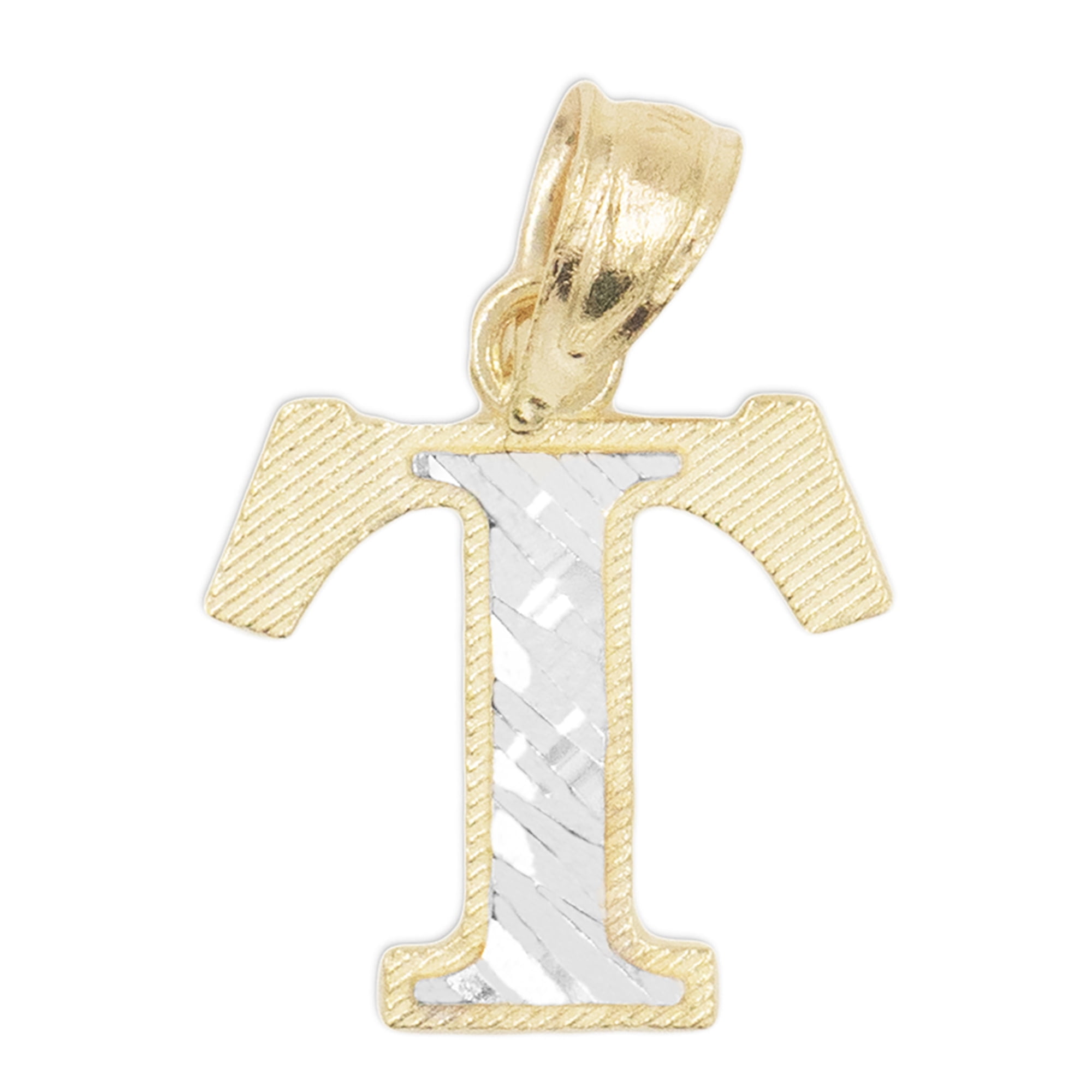 10k Real Solid Gold Two Tone T Initial Pendant with Diamond Cut Finish ...