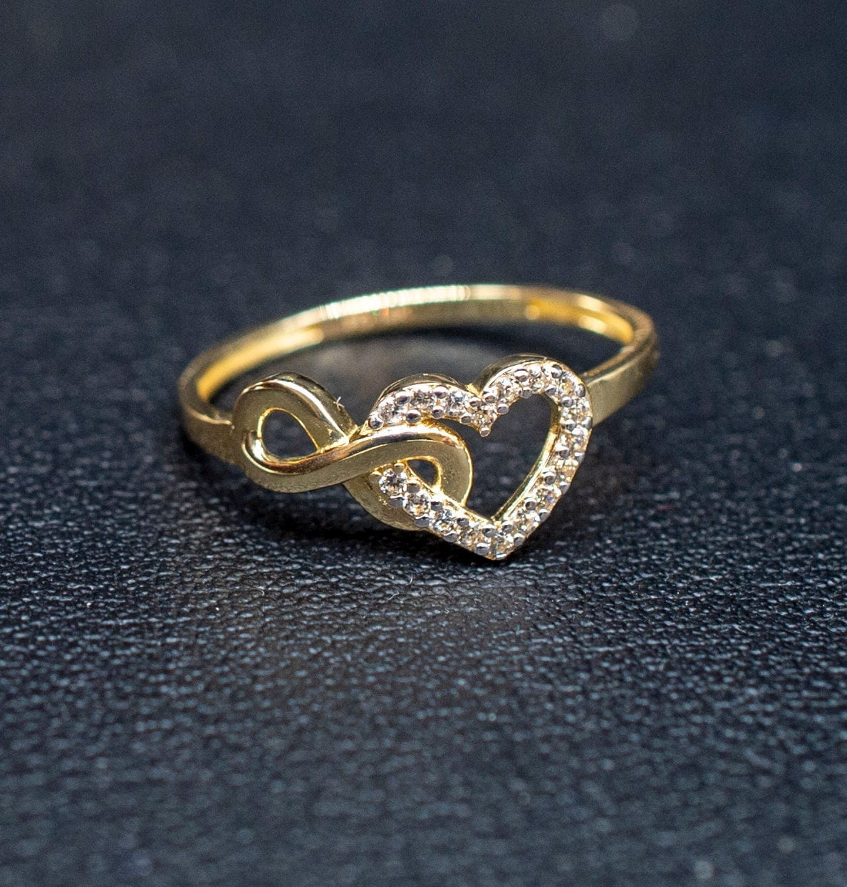 10k Real Solid Yellow Gold Infinity Heart Ring, 10k Solid Gold Women Heart Ring, Infinity Symbol ...