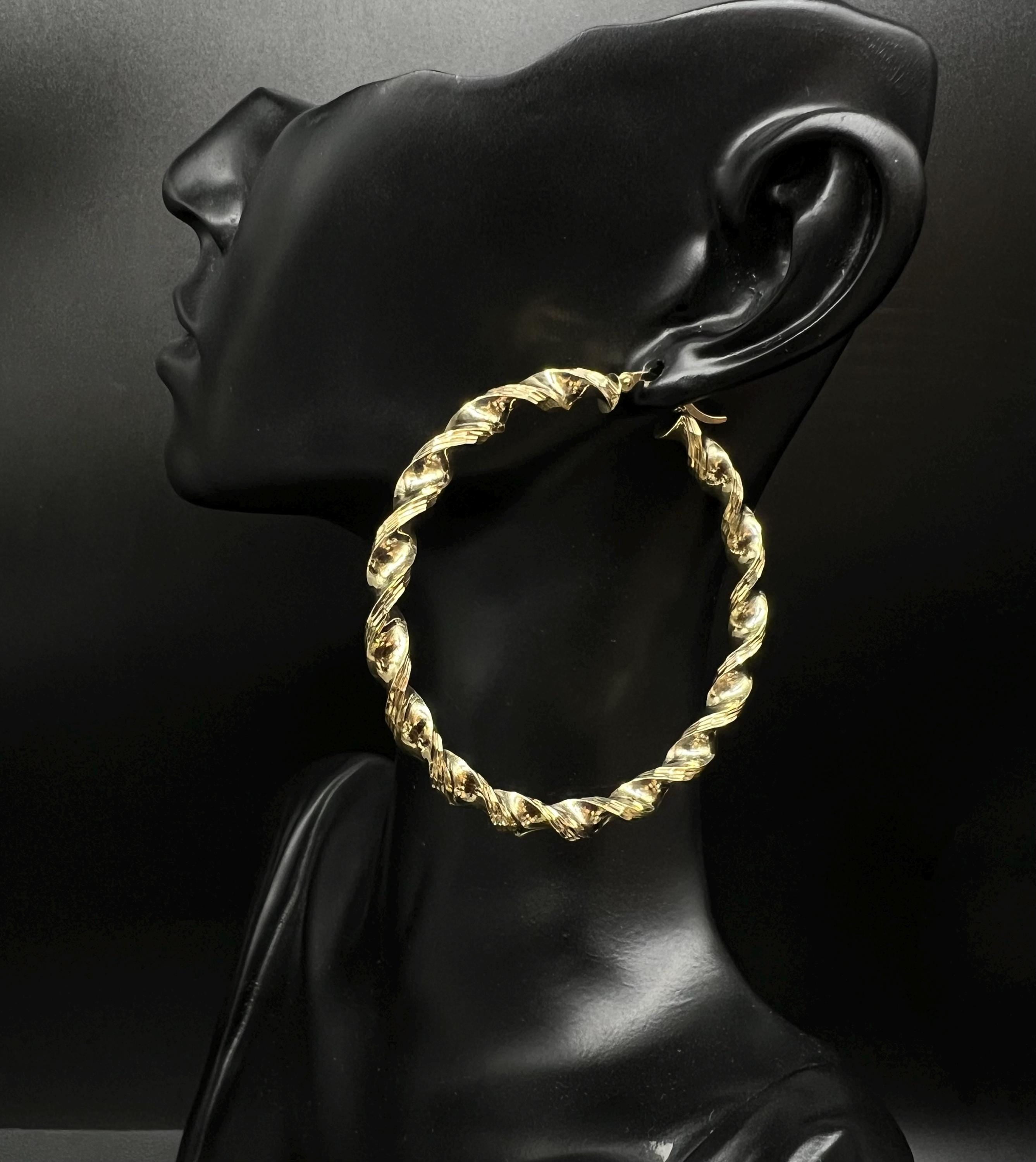 10k Real Yellow Gold Twisted Hoop Earrings 3mm, 4mm, 5mm Thickness, 25mm - 58mm Real Gold ...