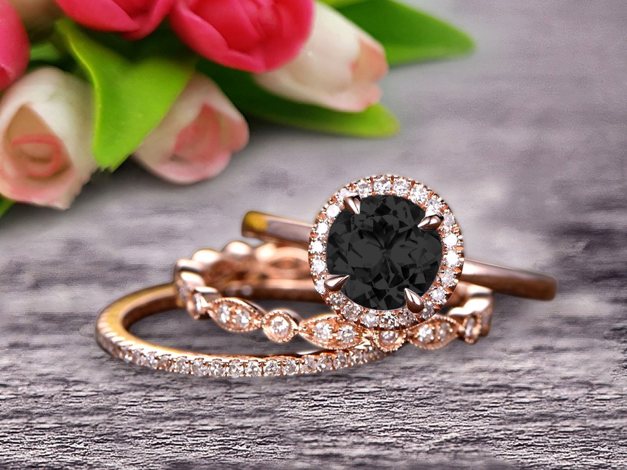 10k Rose Gold Anniversary Gift Art Deco 2.25 Carat Round Cut Black ...