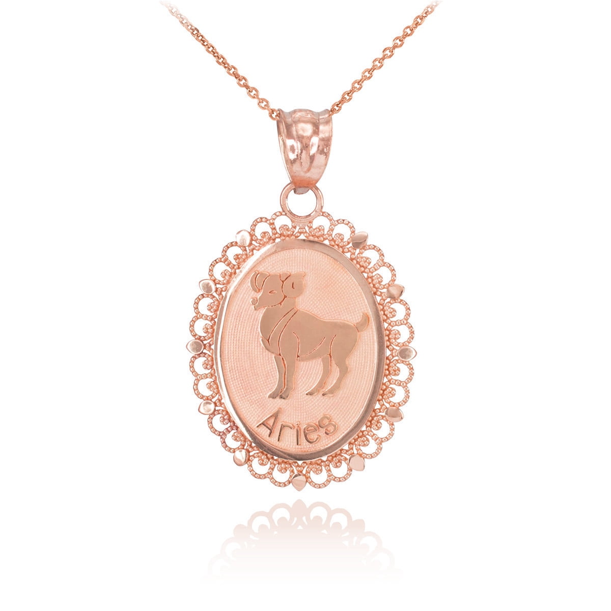 10k Rose Gold Filigree Oval Zodiac Sign Pendant Necklace Aries (18 ...