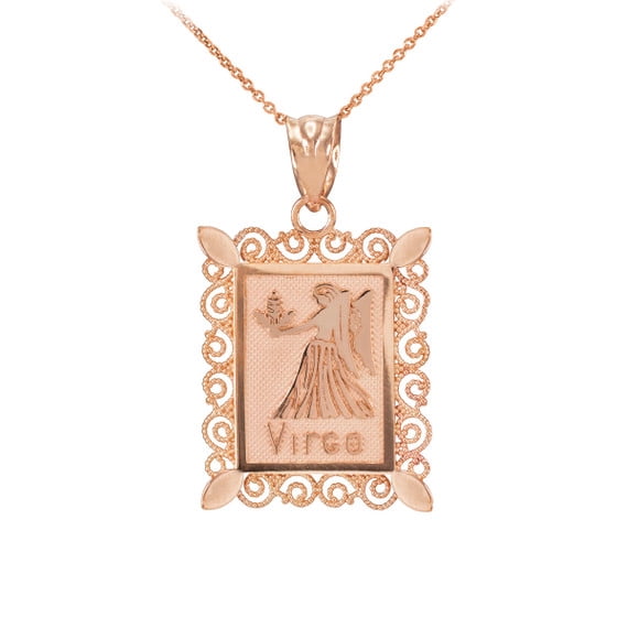 10k Rose Gold Zodiac Sign Filigree Square Pendant Necklace Virgo (16 ...