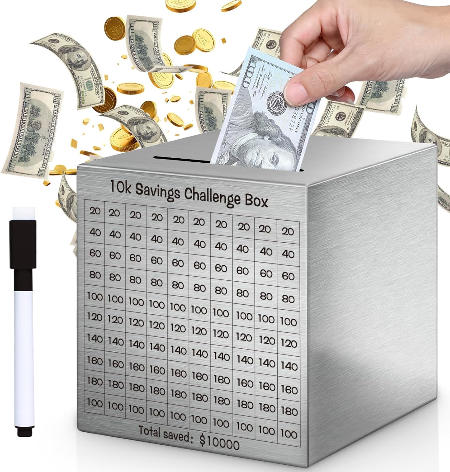10k Savings Challenge Box, Unbreakable Piggy Bank for Adults Save Metal ...