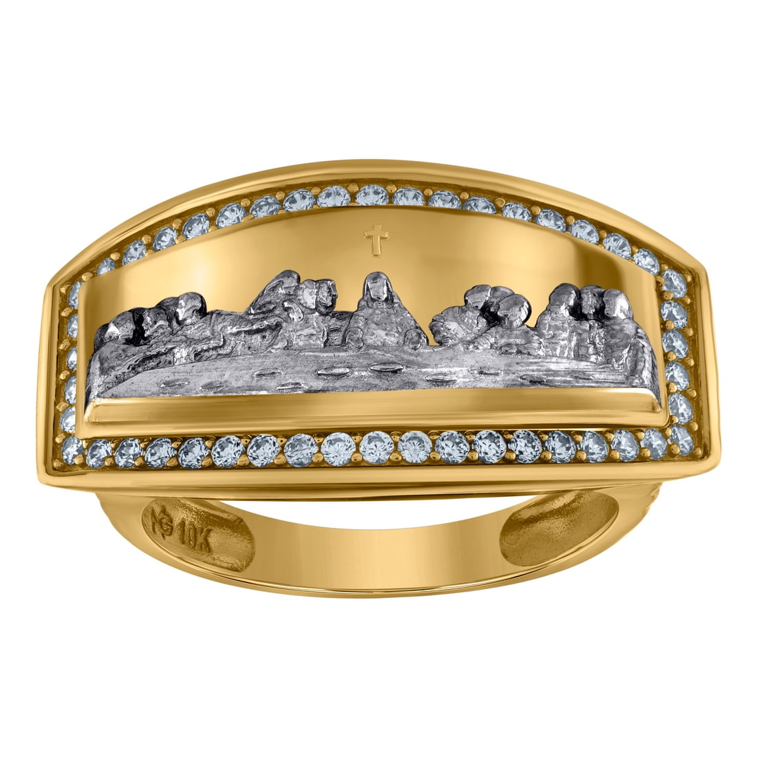 10k Two tone Gold Mens CZ Simulated Diamond Last Supper Religious Ring 13.6x3.3mm Wide-Ring for ...