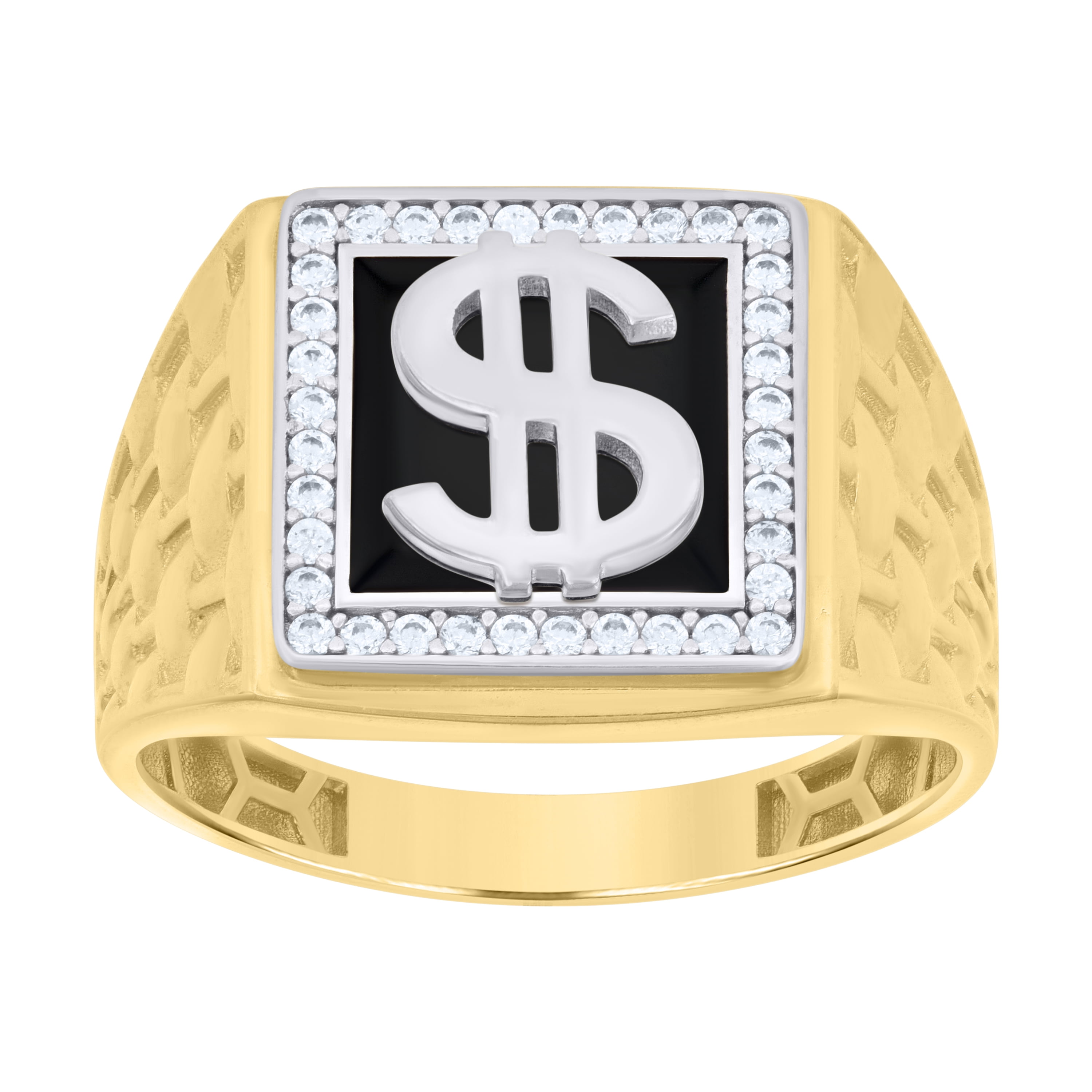 10k Two-tone Gold Mens Cubic-Zirconia Square Dollar Sign Black Enamel ...