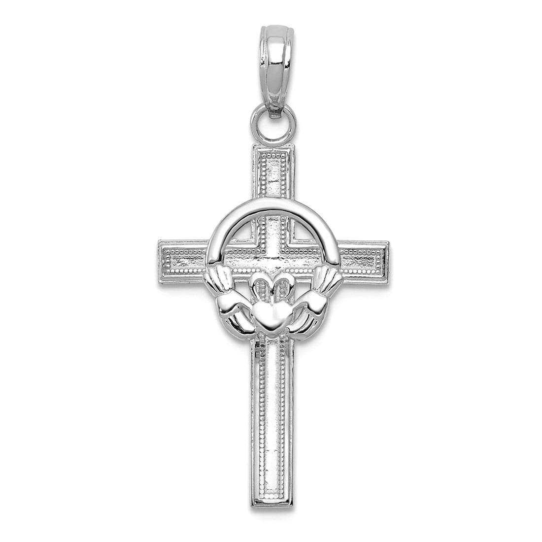 10k White Gold Block Religious Faith Cross With Irish Claddagh Celtic Trinity Knot Center High ...
