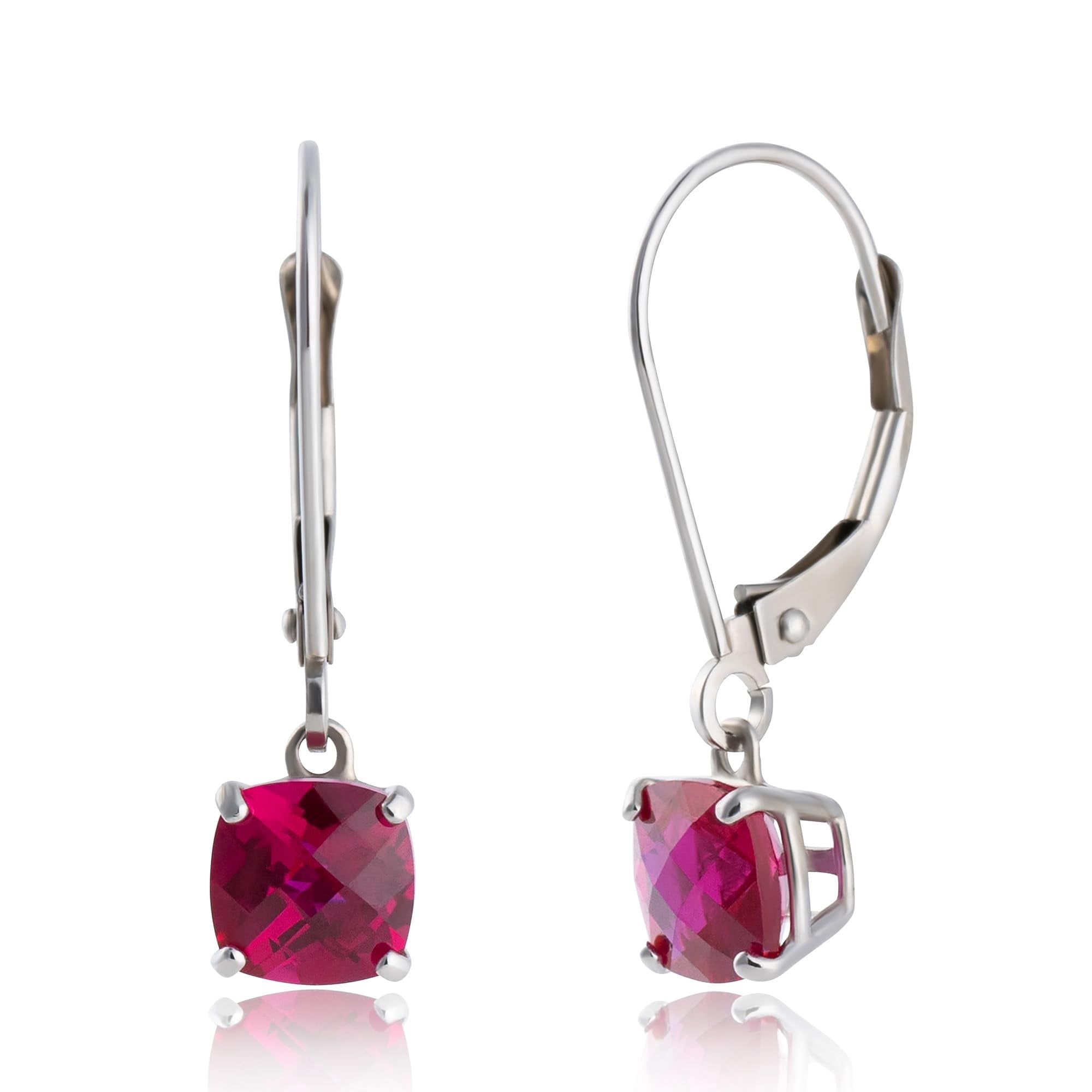 10k White Gold Cushion-Cut Checkerboard Created Ruby Leverback Earrings ...