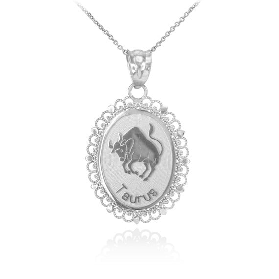 10k White Gold Filigree Oval Zodiac Sign Pendant Necklace Taurus (20 ...