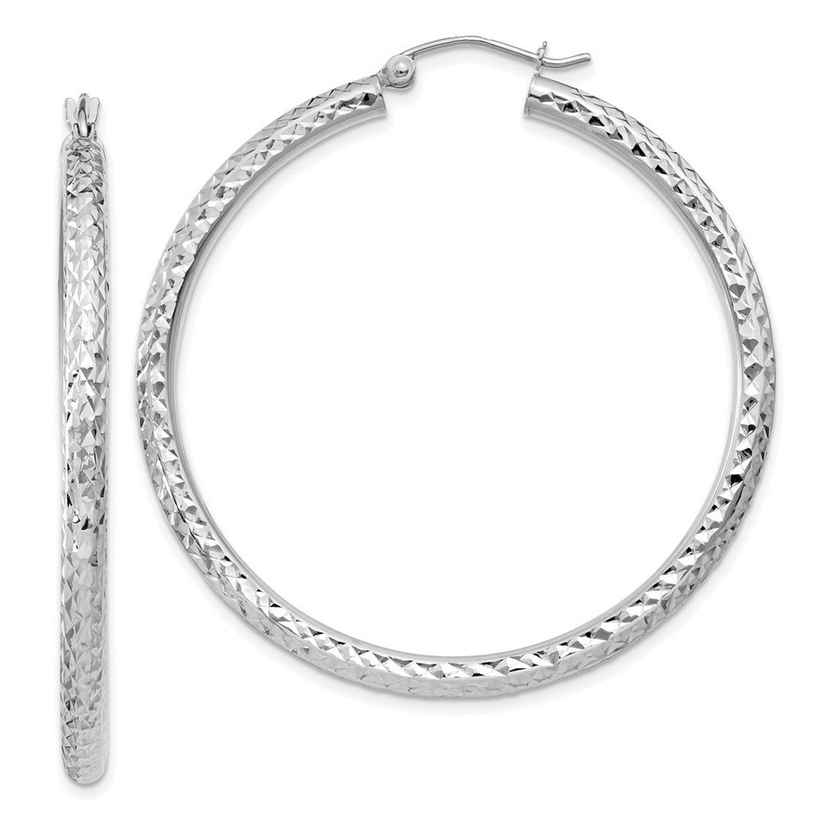 10k White Gold Hollow Polished Hinged post Sparkle Cut 3mm Round Hoop ...