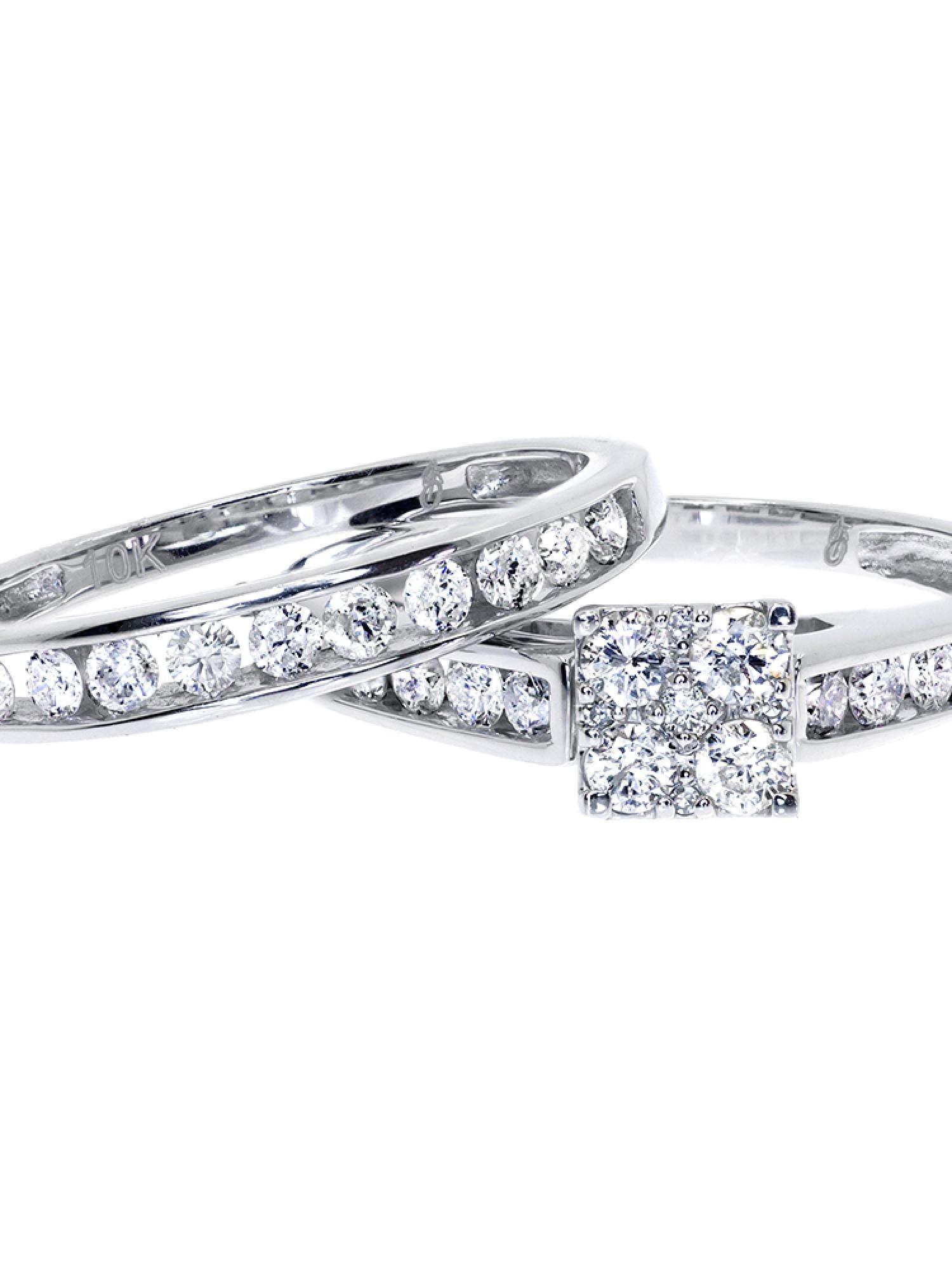 10k White Gold Ladies Square Cluster Diamond Bridal Set (0.88 ct ...