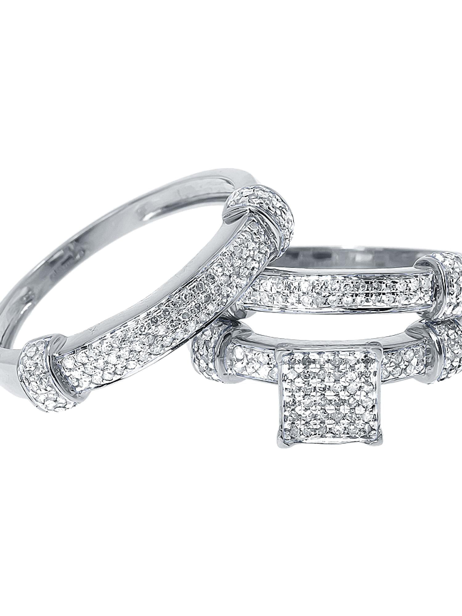 10k White Gold Mens Ladies Round Diamond Trio Wedding Ring Set (0.85 ct ...