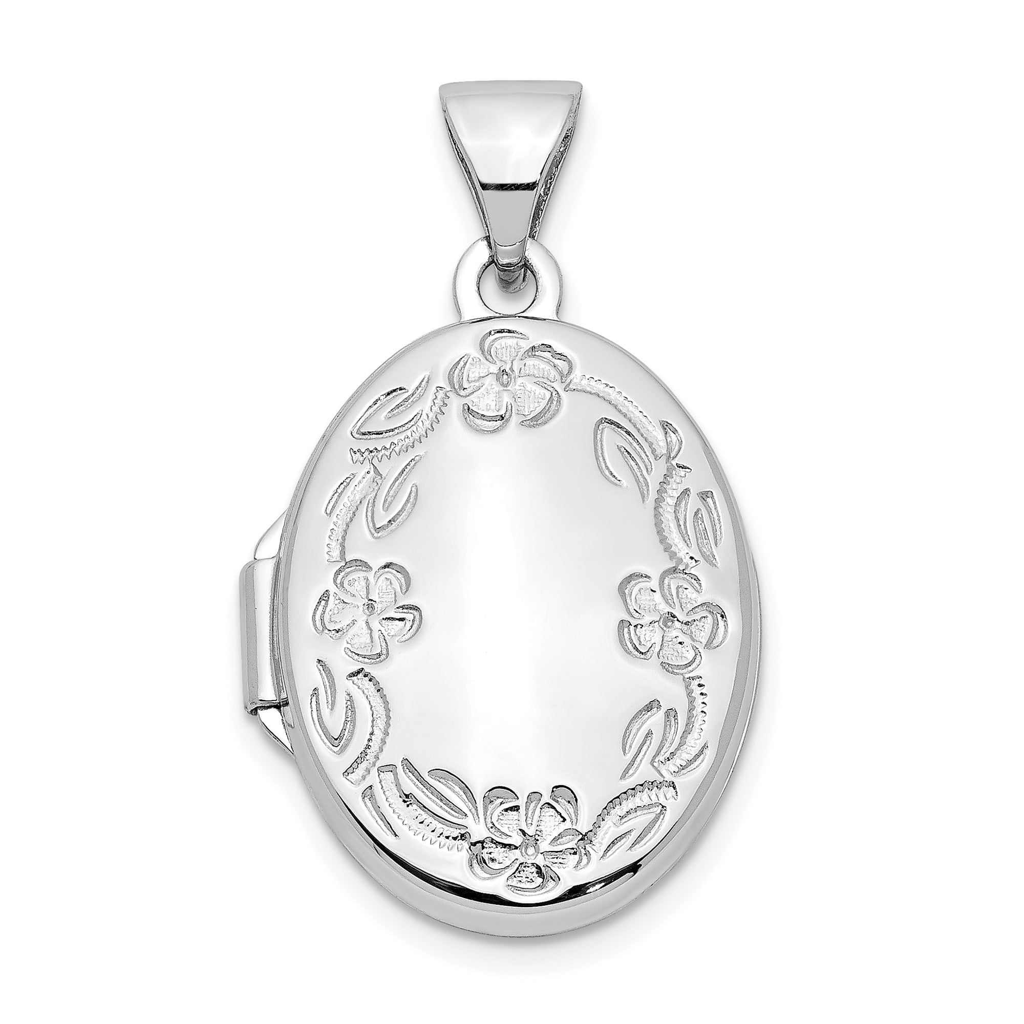10k White Gold Oval Locket Pendant for Women with Floral Engraving ...