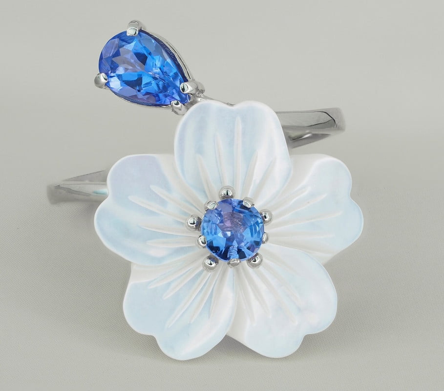 10k White Gold Plated Blue Sapphire Ring – Flower Shape Women’s Fashion ...