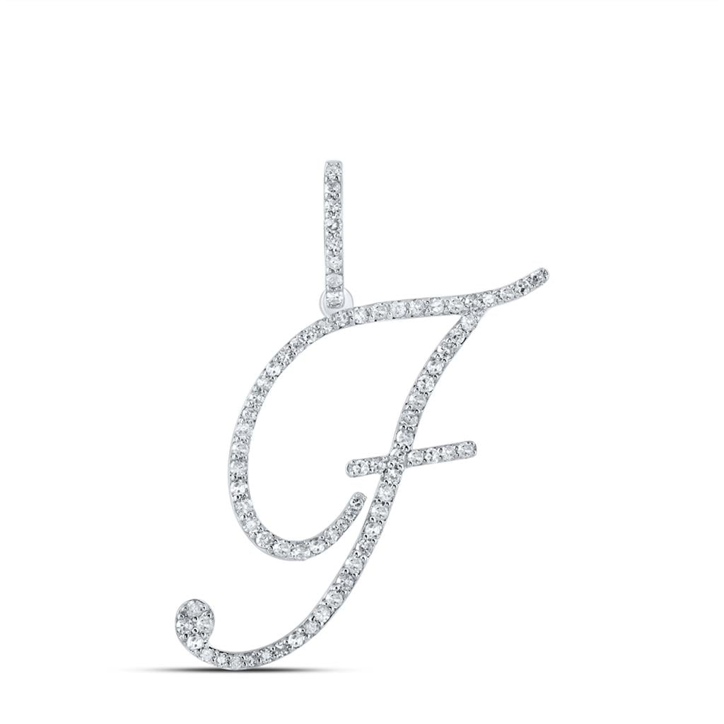 10k White Gold Real Diamond Fancy Cursive Script Font Initial F Pendant ...