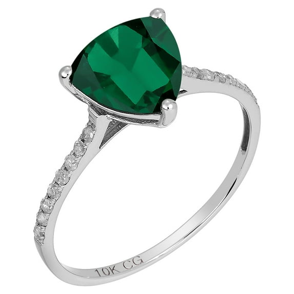 10k White Solid Gold Trillion Created Emerald and Natural Diamond ...