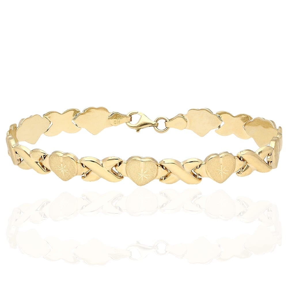 10k Yellow Gold Diamond Cut XO Hearts & Kisses Bracelet 7.25" 8 ...