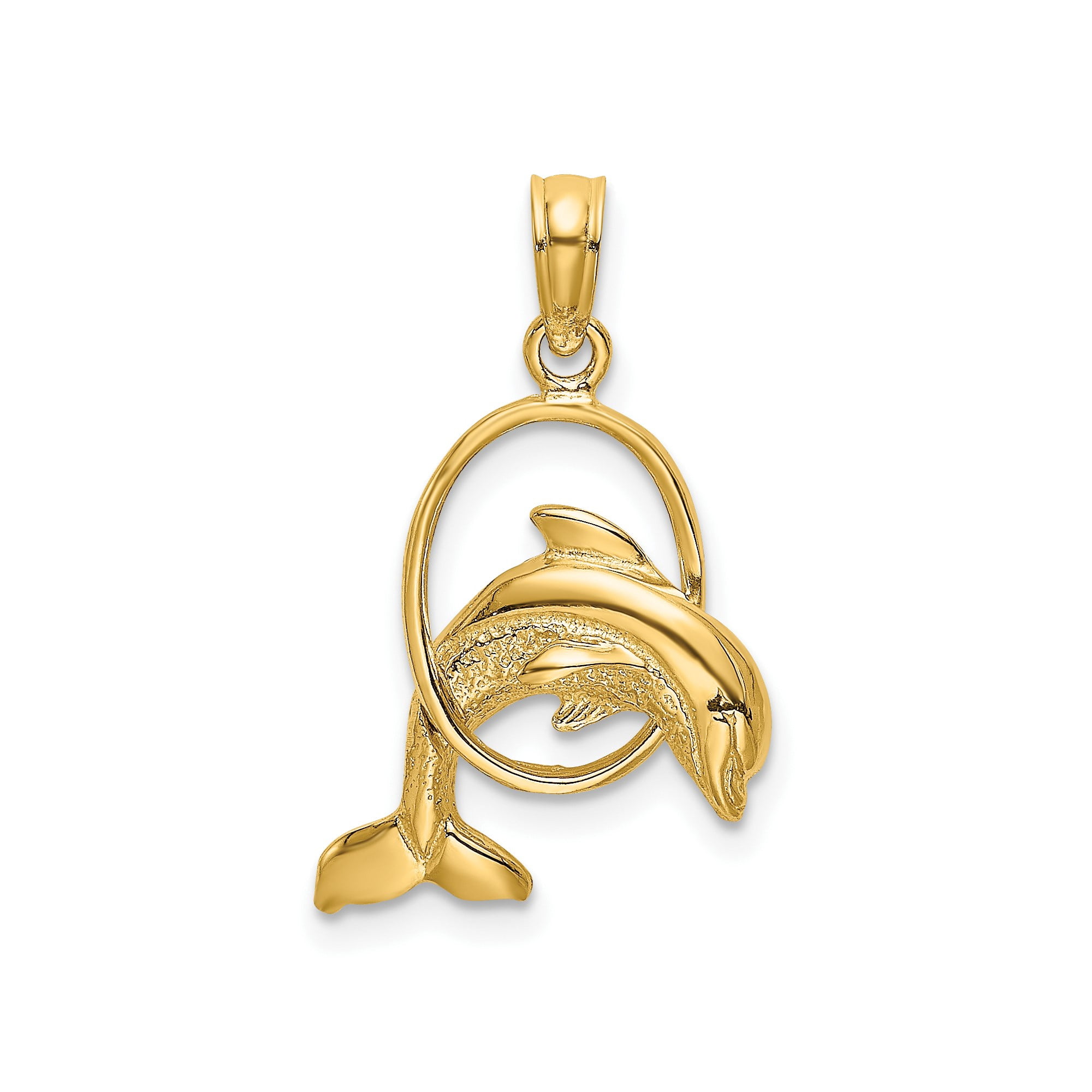 10k Yellow Gold Dolphin Pendant with Hoop, Nautical Marine Life Charm ...
