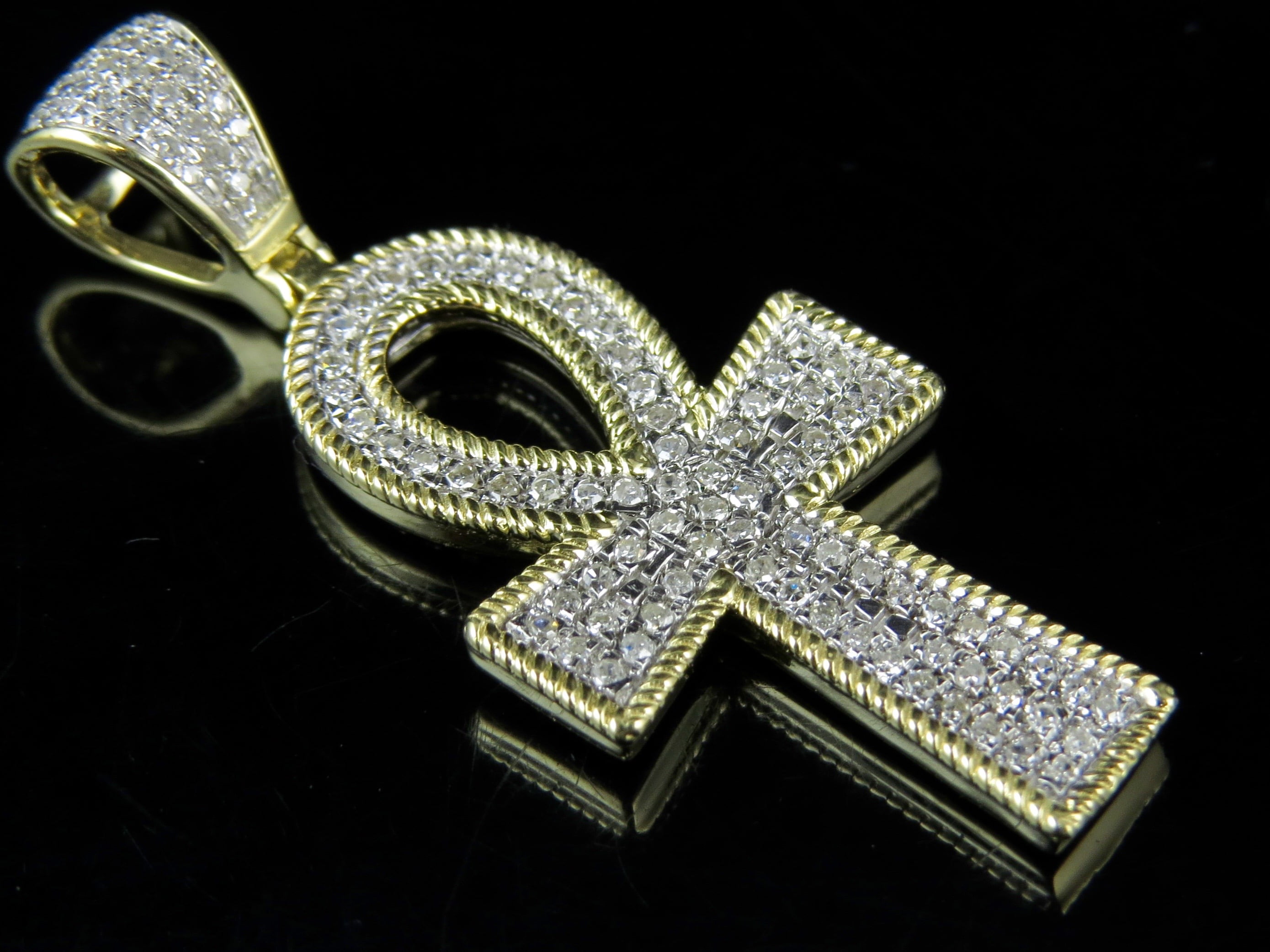 10k Yellow Gold Egyptian Ankh Rope Style Border Diamond Charm Pendant ...