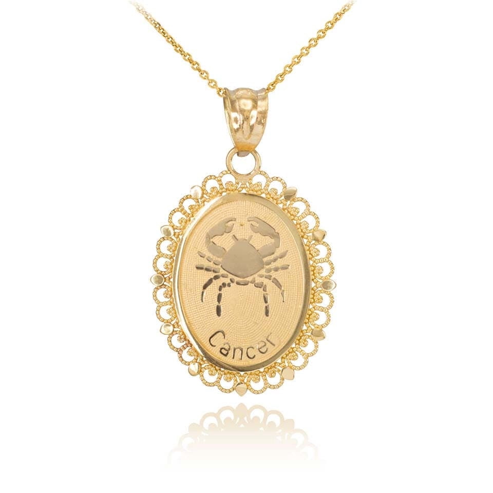 10k Yellow Gold Filigree Oval Zodiac Sign Pendant Necklace Cancer (18 ...