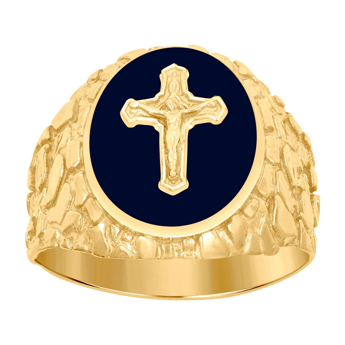 10k Yellow Gold Mens Black Enamel Crucifix Cross Religious Nugget Ring ...