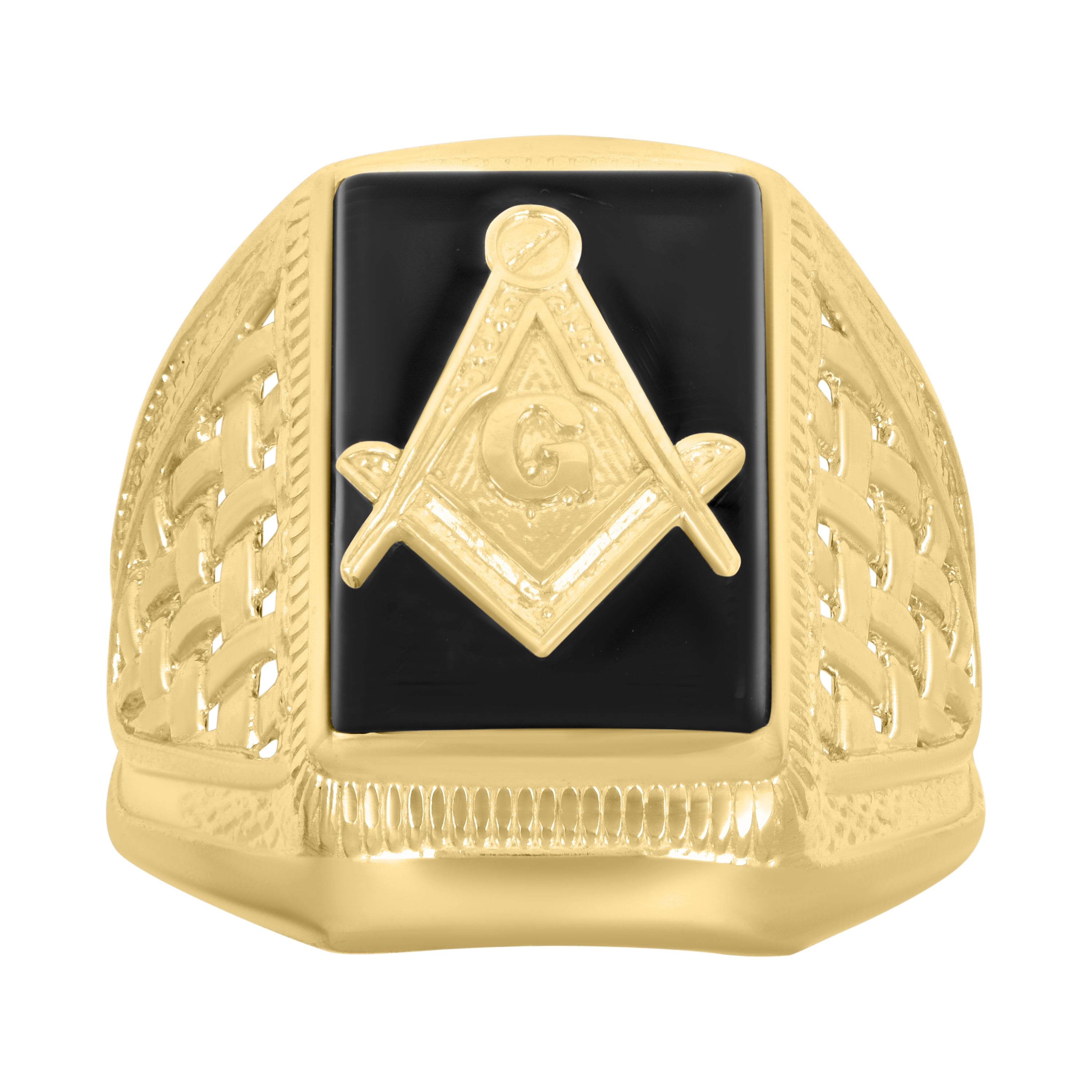 10k Yellow Gold Mens Black Enamel Masonic Symbols Religious Ring ...
