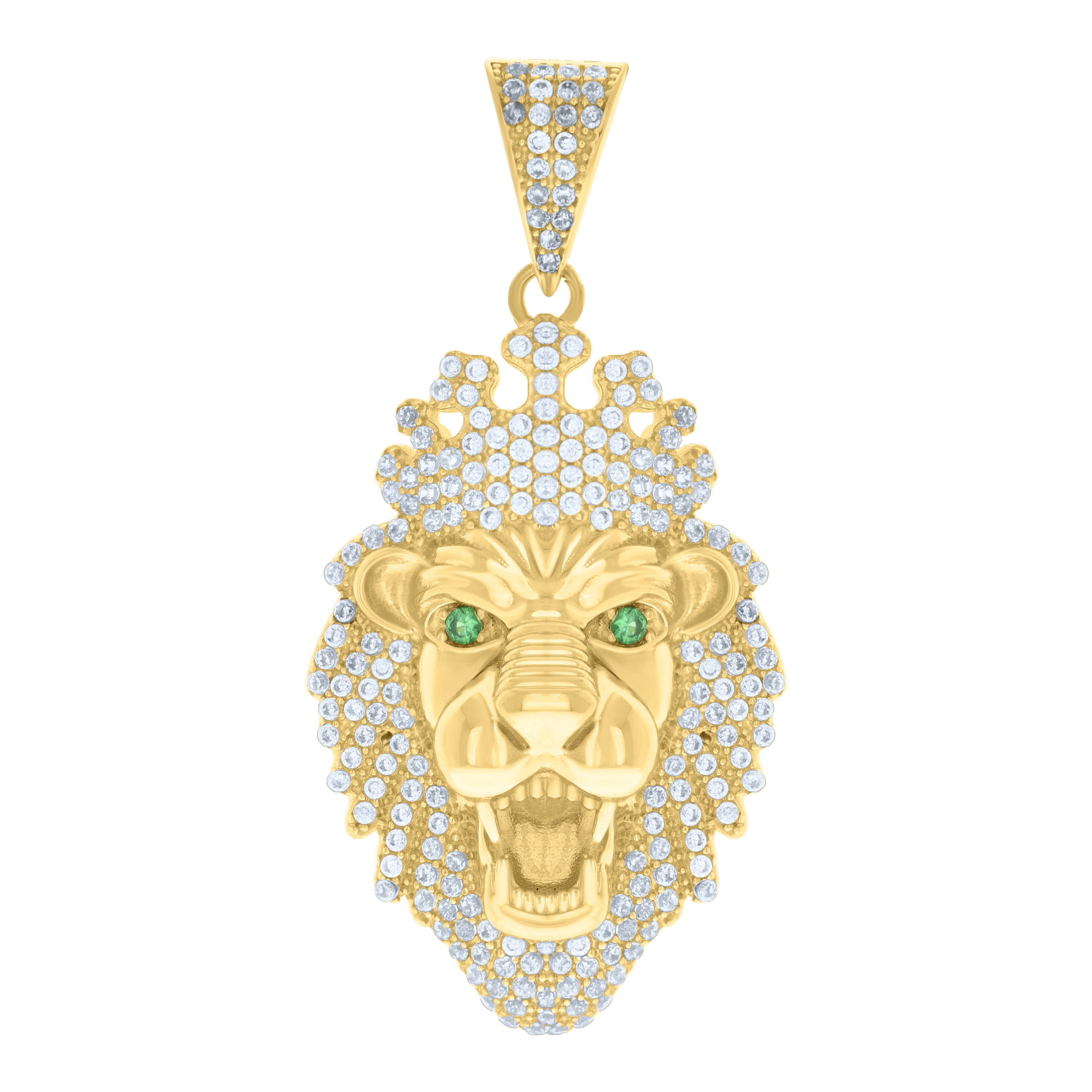10k Yellow Gold Mens Green White Cubic-Zirconia Leo/Lion Head Animal ...