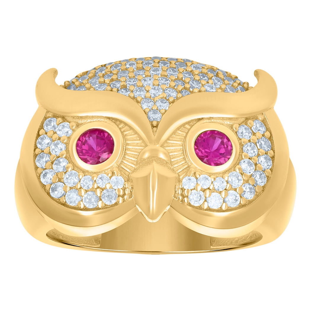 10k Yellow Gold Mens Pink White CZ Cubic Zirconia Simulated Diamond Owl ...