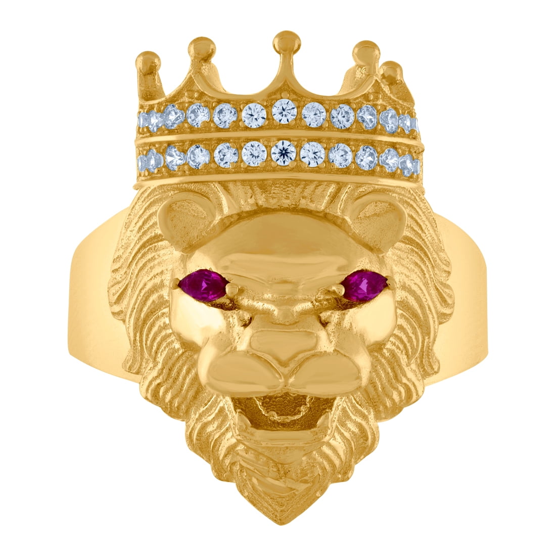 10k Yellow Gold Mens White Pink Cubic Zirconia Crowned Lion Head Ring ...