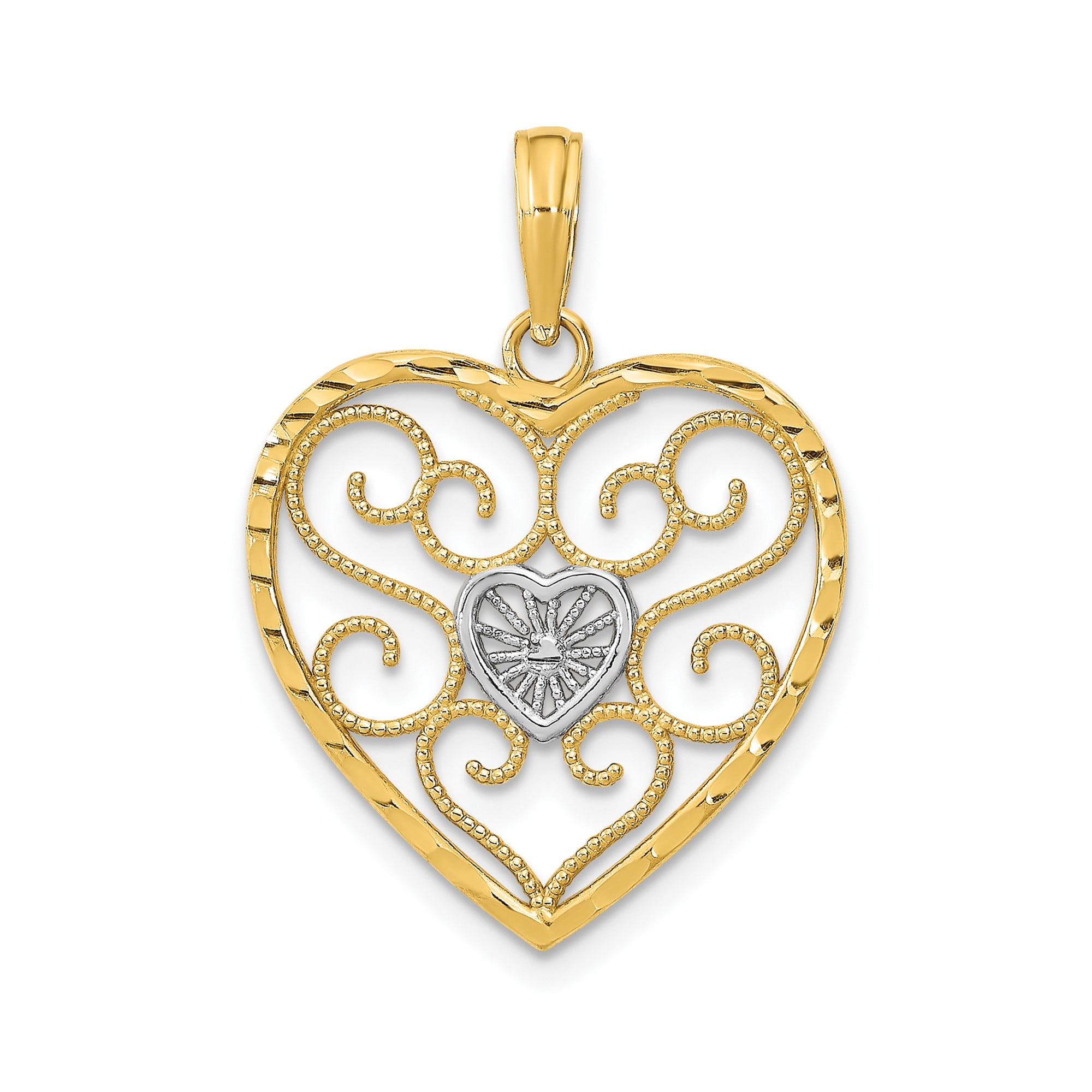 10k Yellow Gold and Rhodium Filigree Heart Pendant for Women with ...