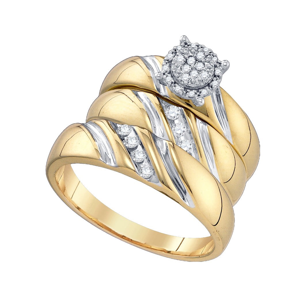 10k Yellow Gold Round Diamond His & Hers Matching Trio Wedding Bridal ...