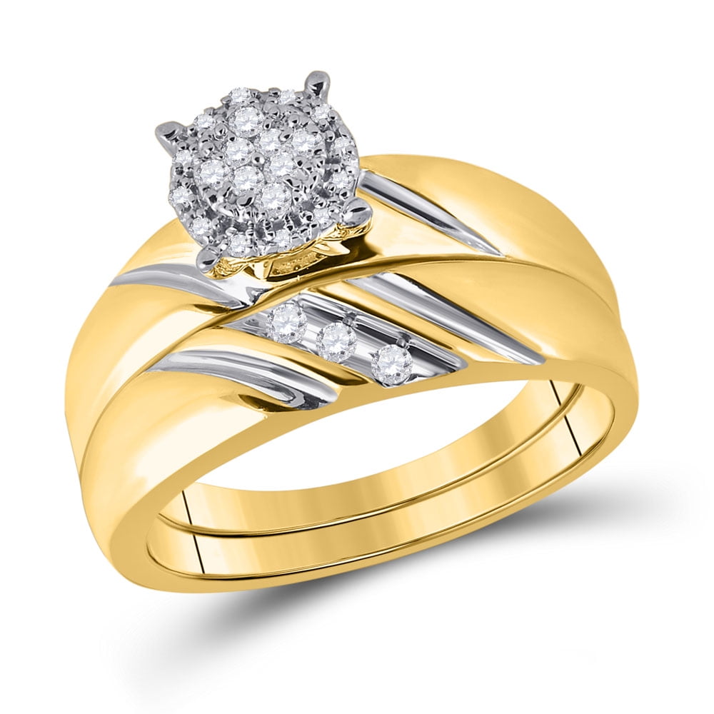 10k Yellow Gold Round Diamond His & Hers Matching Trio Wedding Bridal ...