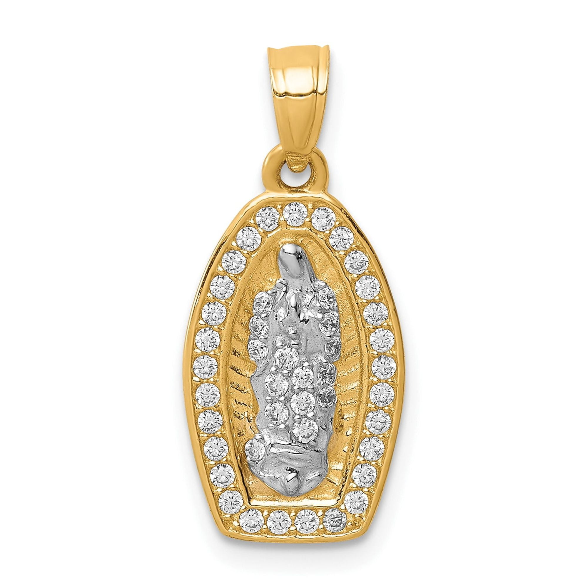 10k Yellow Gold Virgin Mary Pendant with Rhodium Diamond Cut Border ...