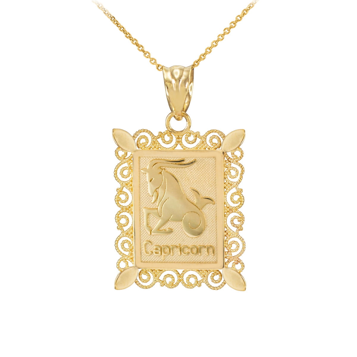 10k Yellow Gold Zodiac Sign Filigree Square Pendant Necklace Capricorn ...