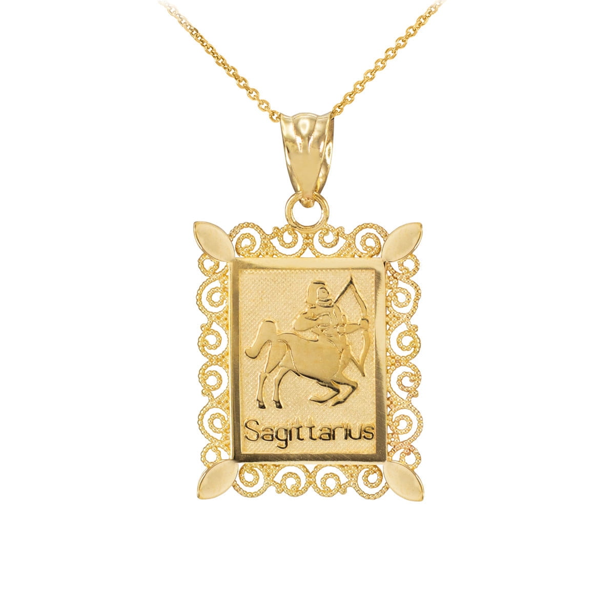 10k Yellow Gold Zodiac Sign Filigree Square Pendant Necklace ...