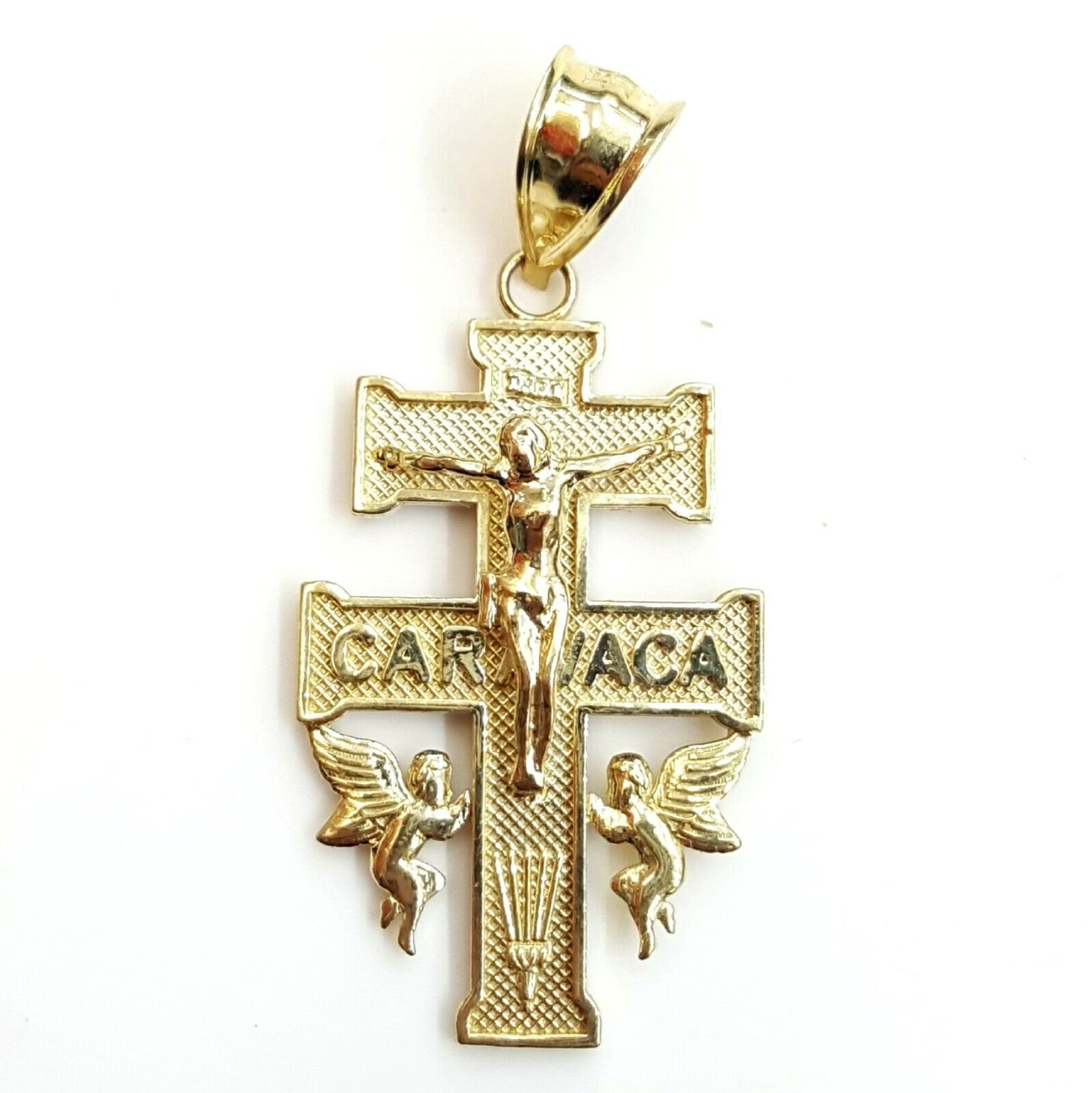 10k Yellow gold Caravaca double cross with angel crucifix Jesus pendant ...