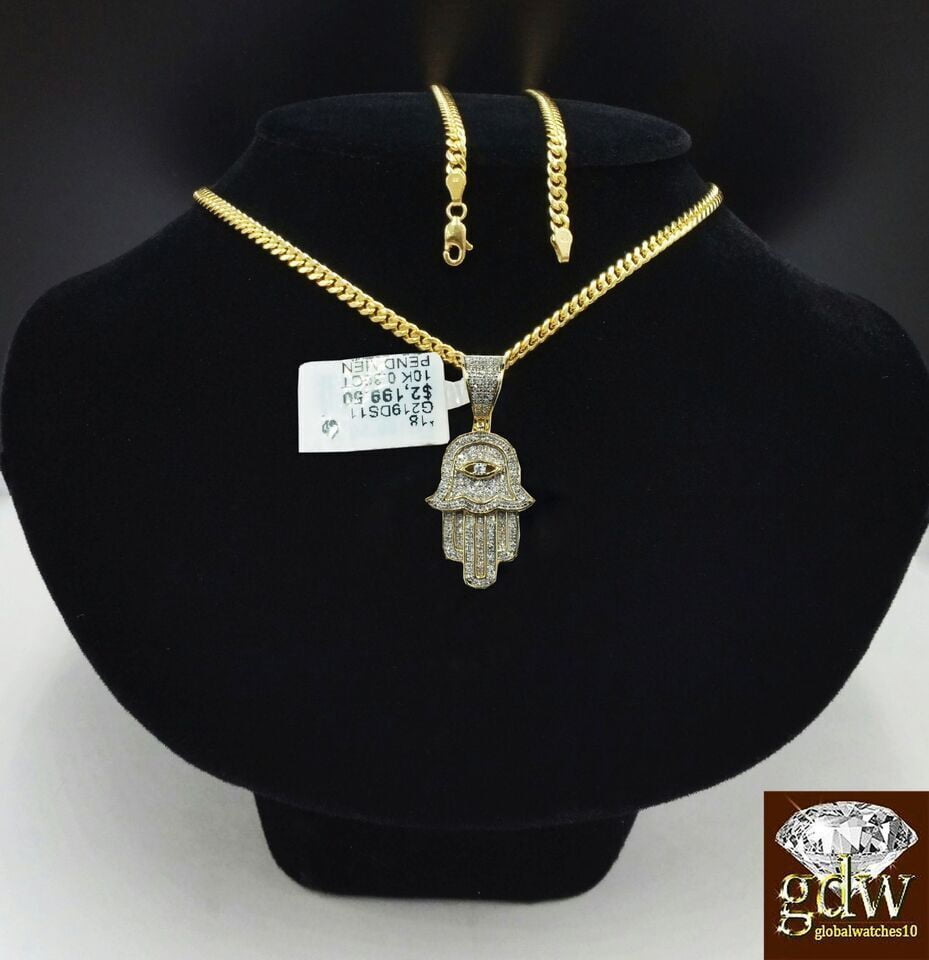 10k Yelow Gold Diamond Hamsa Hand Charm Miami Cuban Link Chain Necklace ...