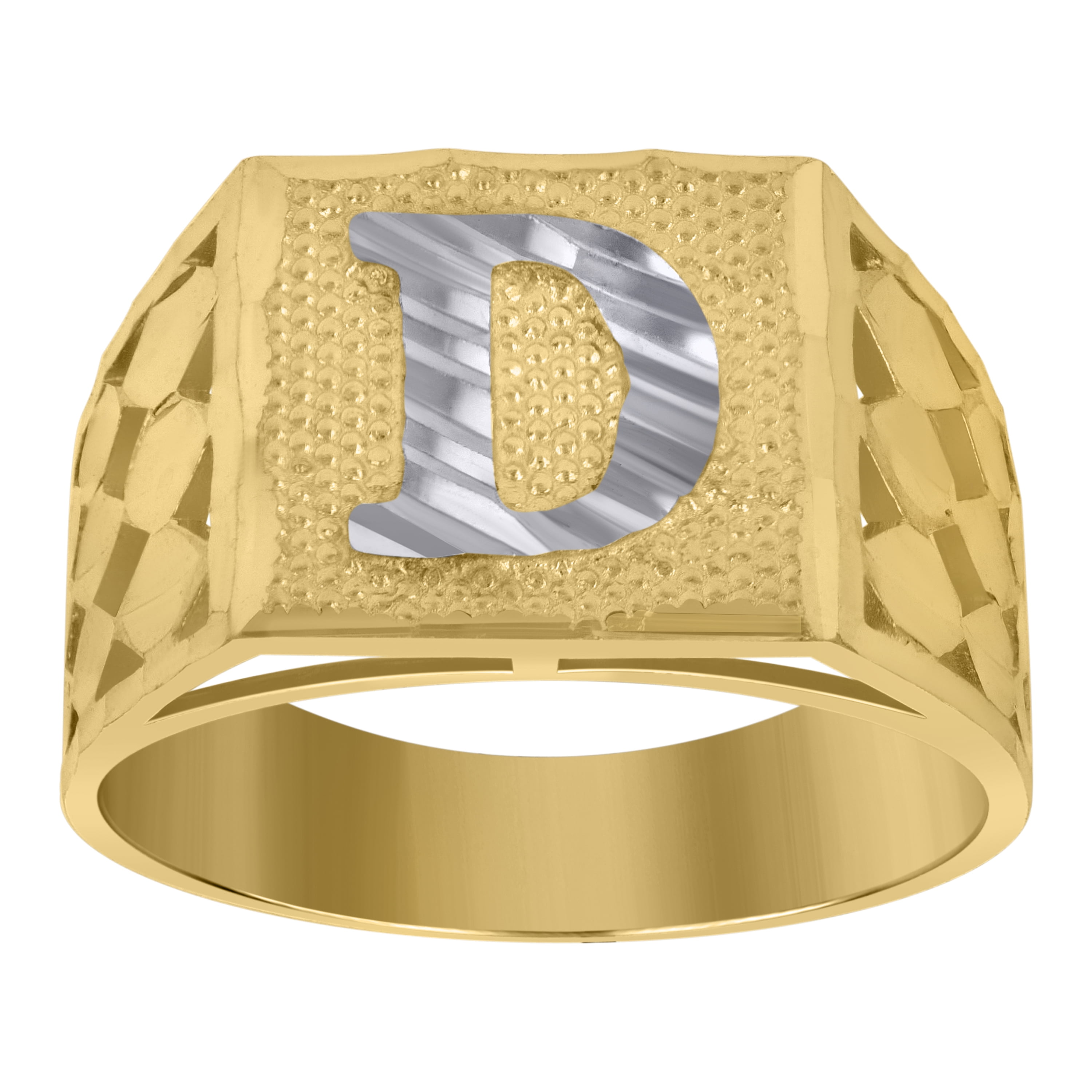 10kt 10k Two-Tone Gold Mens Diamond-Cut Textured Initial Letter D Band ...