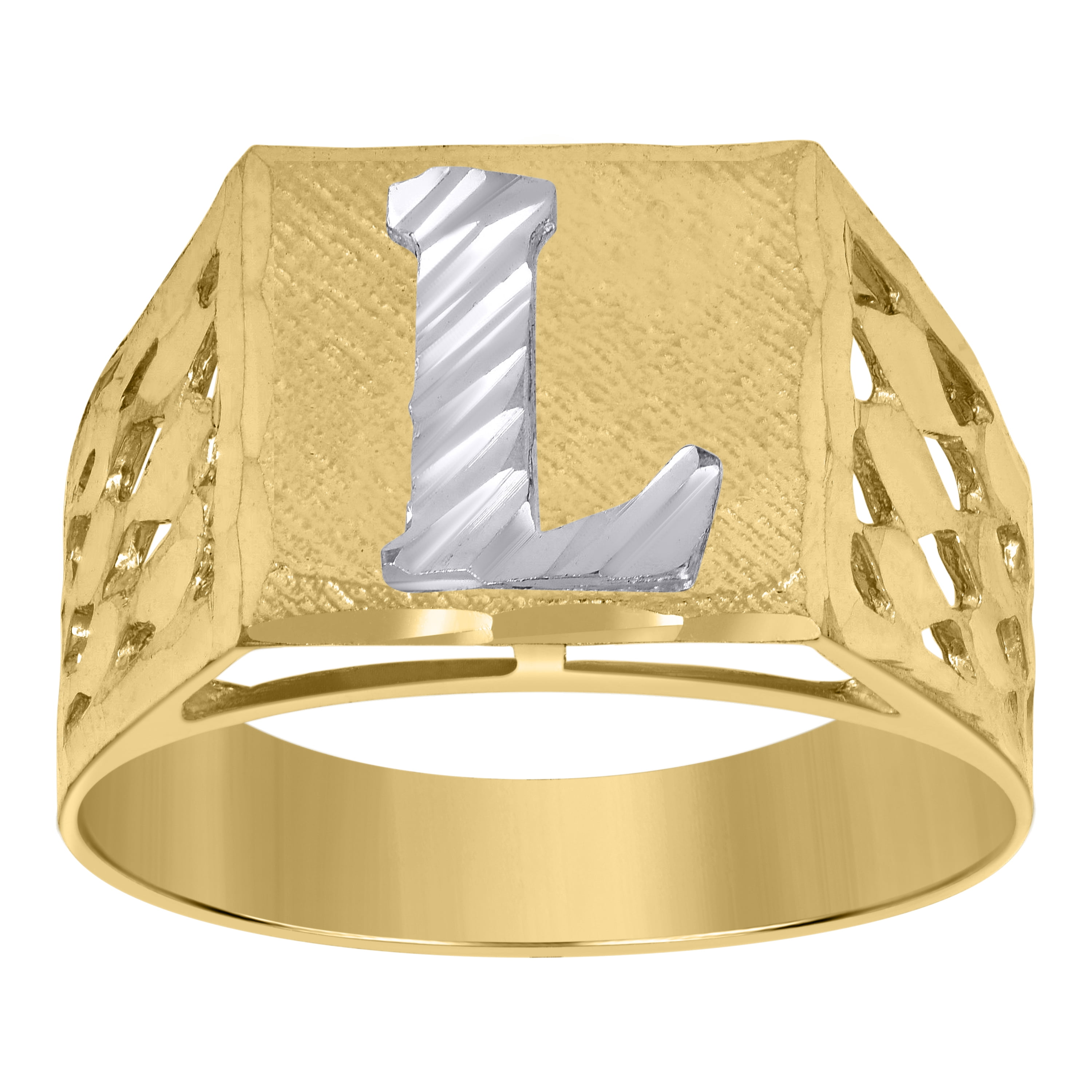 10kt 10k Two-Tone Gold Mens Diamond-Cut Textured Initial Letter L Band ...