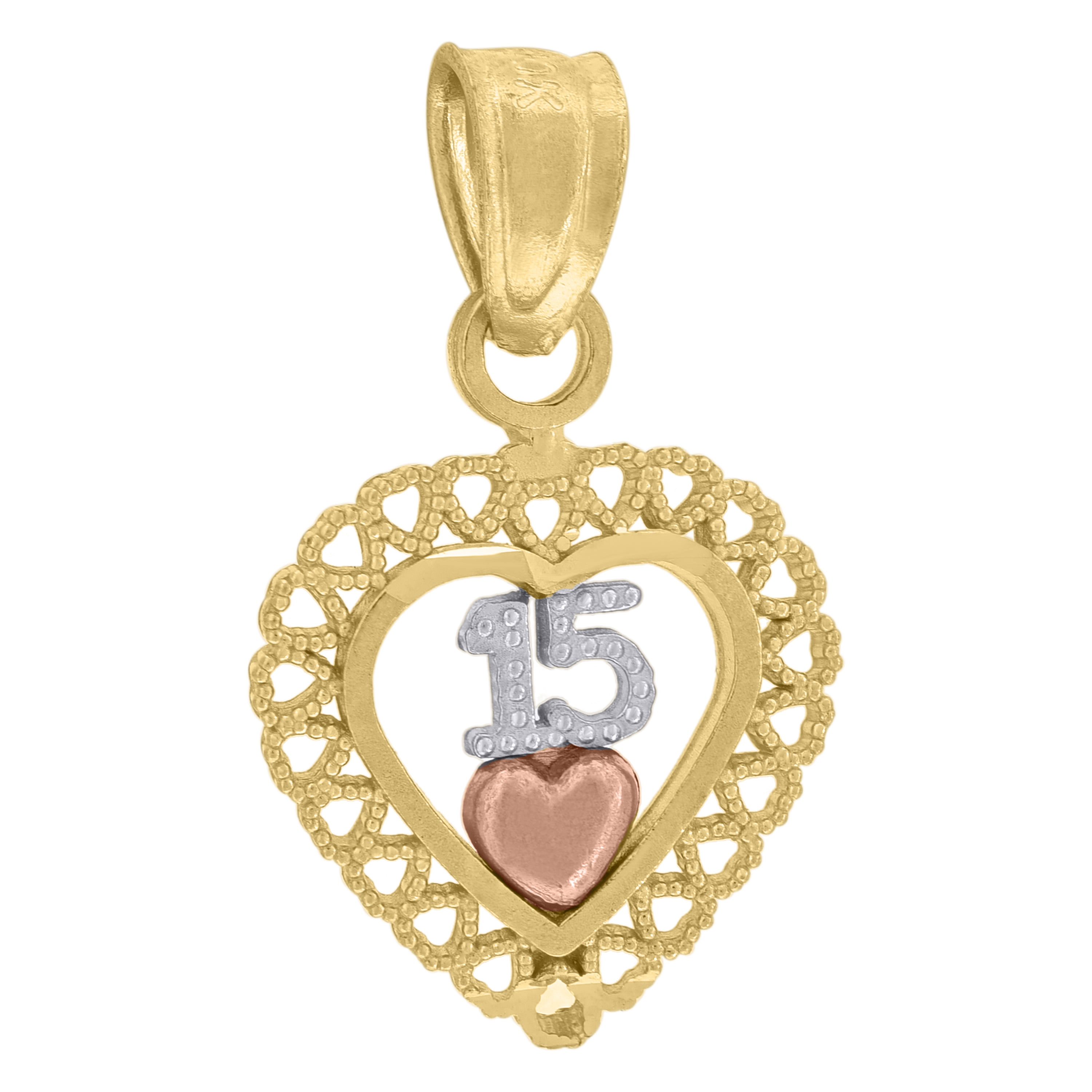 10kt Gold Tri-Color Diamond-Cut Womens 15 Anos Heart Quinceanera Charm ...