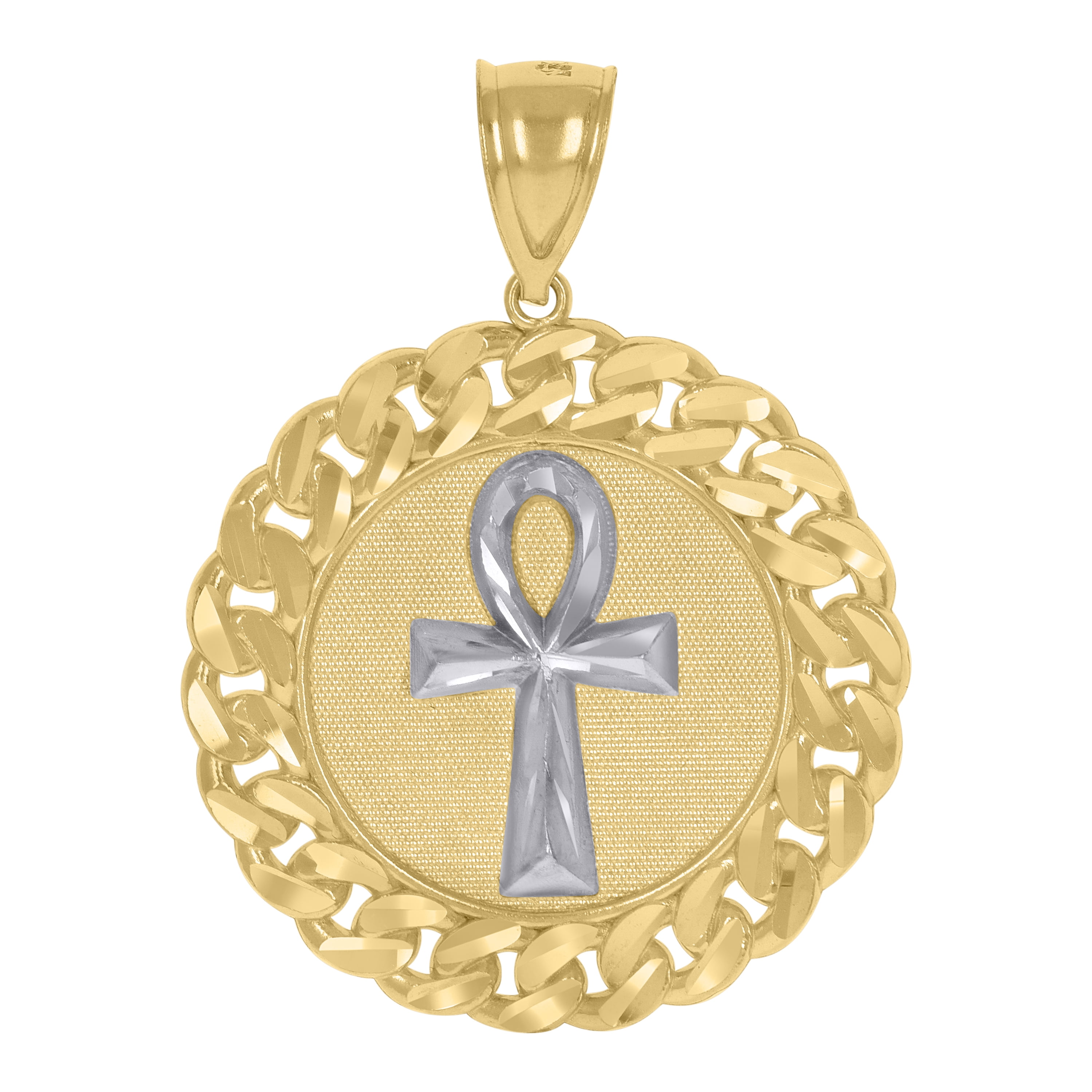 10kt Gold Two-Tone Textured Mens Ankh Cross Religious Cuban Link ...