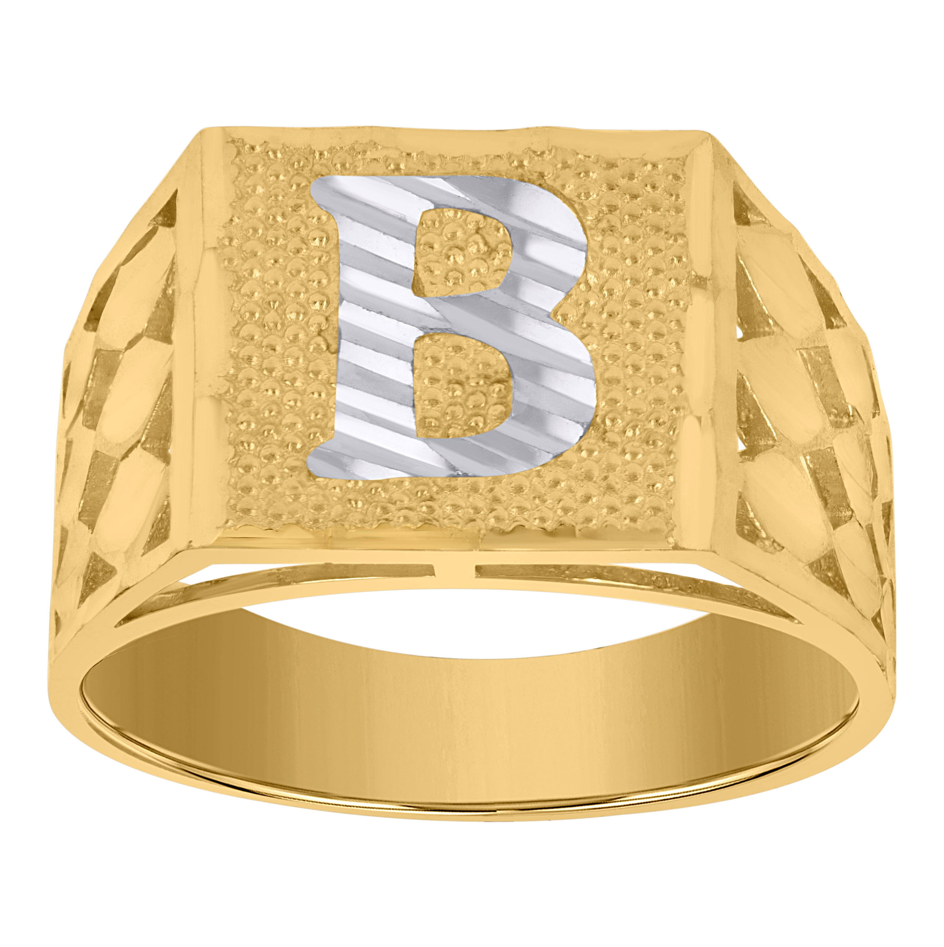 10kt Two-Tone Gold Mens Diamond-Cut Textured Initial Letter B Band Ring ...