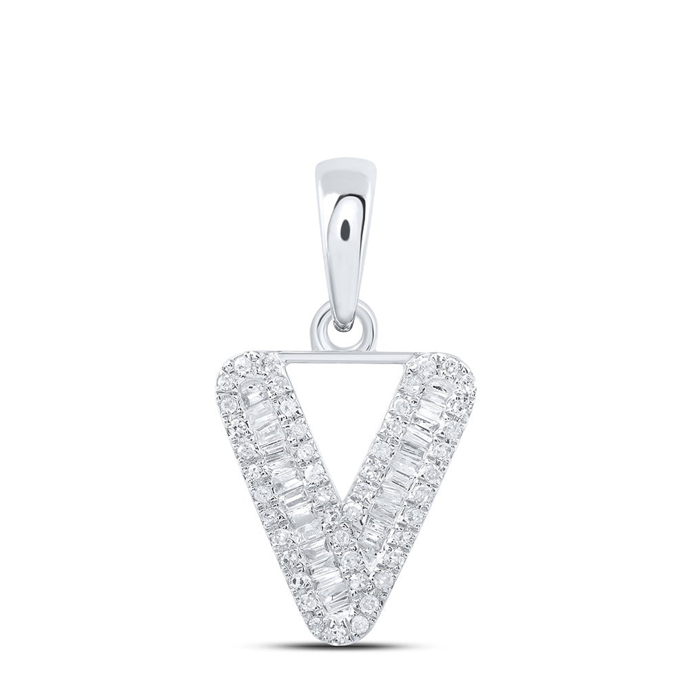 10kt White Gold Womens Baguette Diamond V Initial Letter Pendant 1/4 ...