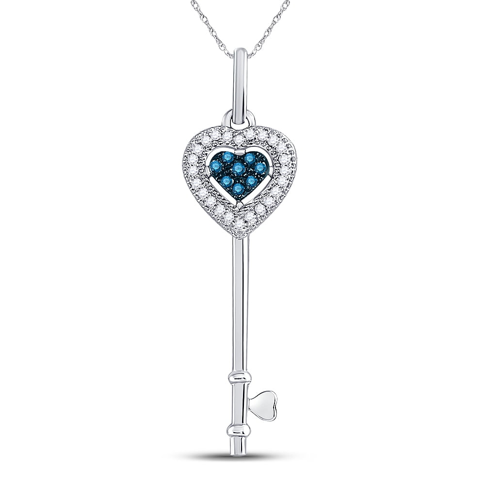 10kt White Gold Womens Round Blue Color Enhanced Diamond Key Love ...
