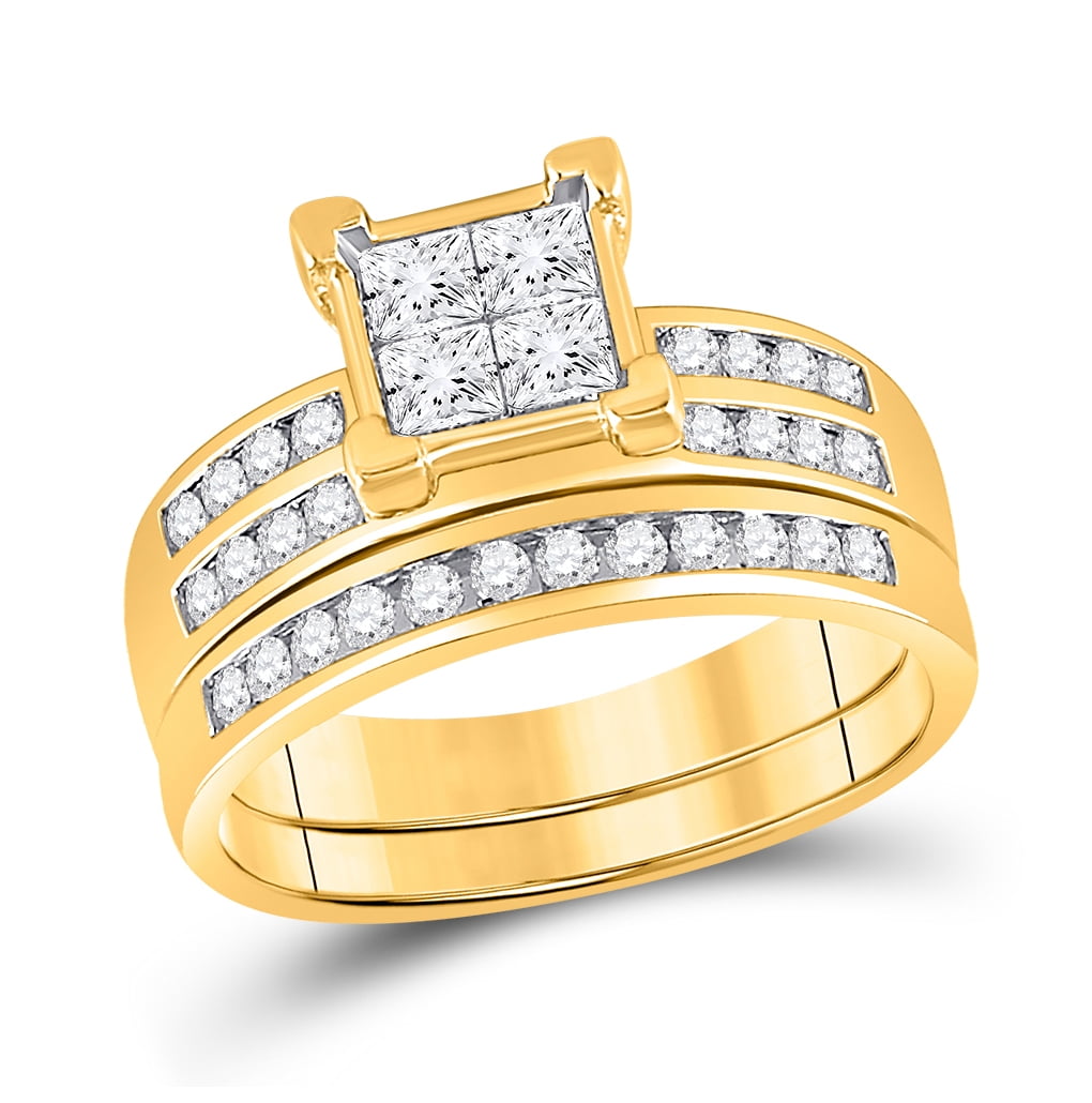 10kt Yellow Gold His Hers Princess Diamond Cluster Matching Bridal ...