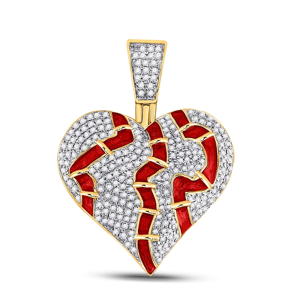 10kt Yellow Gold Mens Round Diamond Broken Stitched Heart Charm Pendant ...